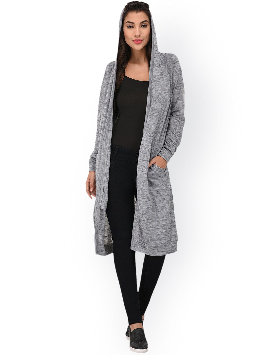 Buy PURYS Grey Hooded Longline Shrug - Shrug for Women 2139998 | Myntra
