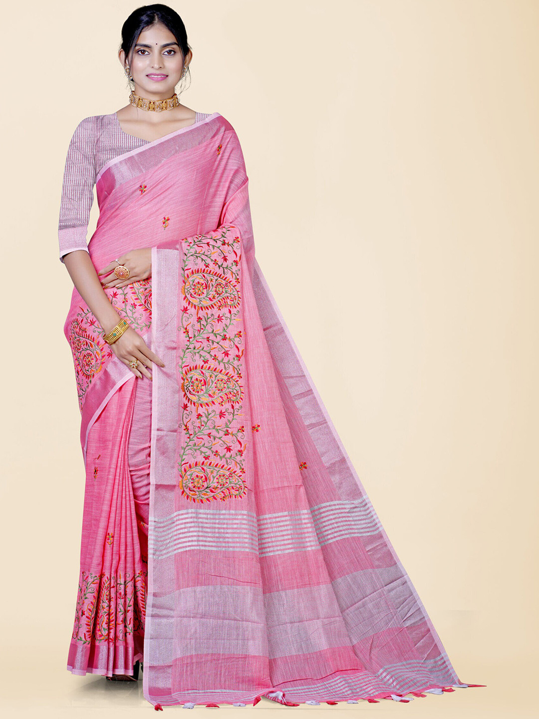 Buy KAJREE Paisley Embroidered Zari Pure Linen Tussar Saree - Sarees ...