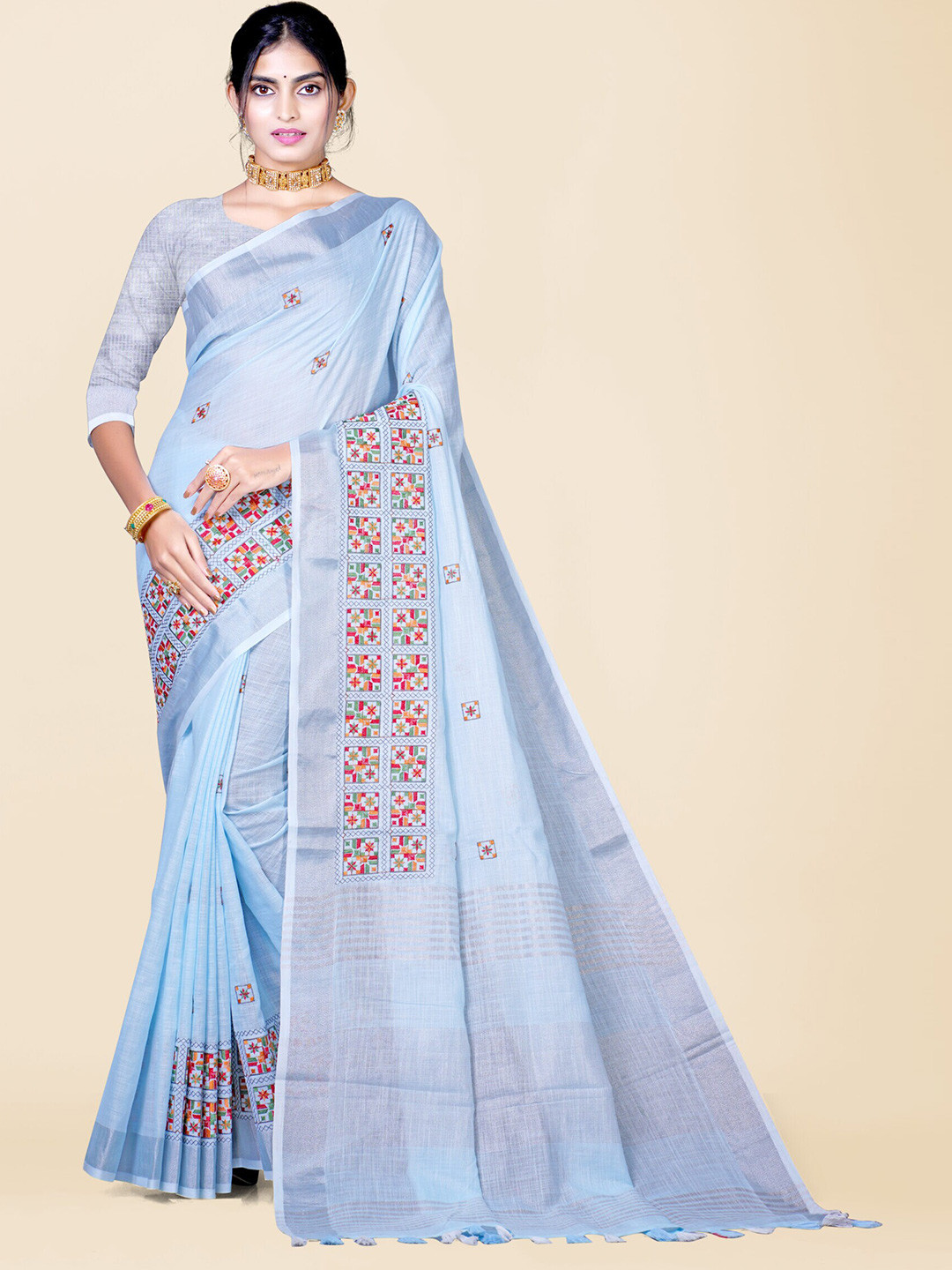 Buy KAJREE Floral Embroidered Pure Linen Tussar Saree - Sarees for ...