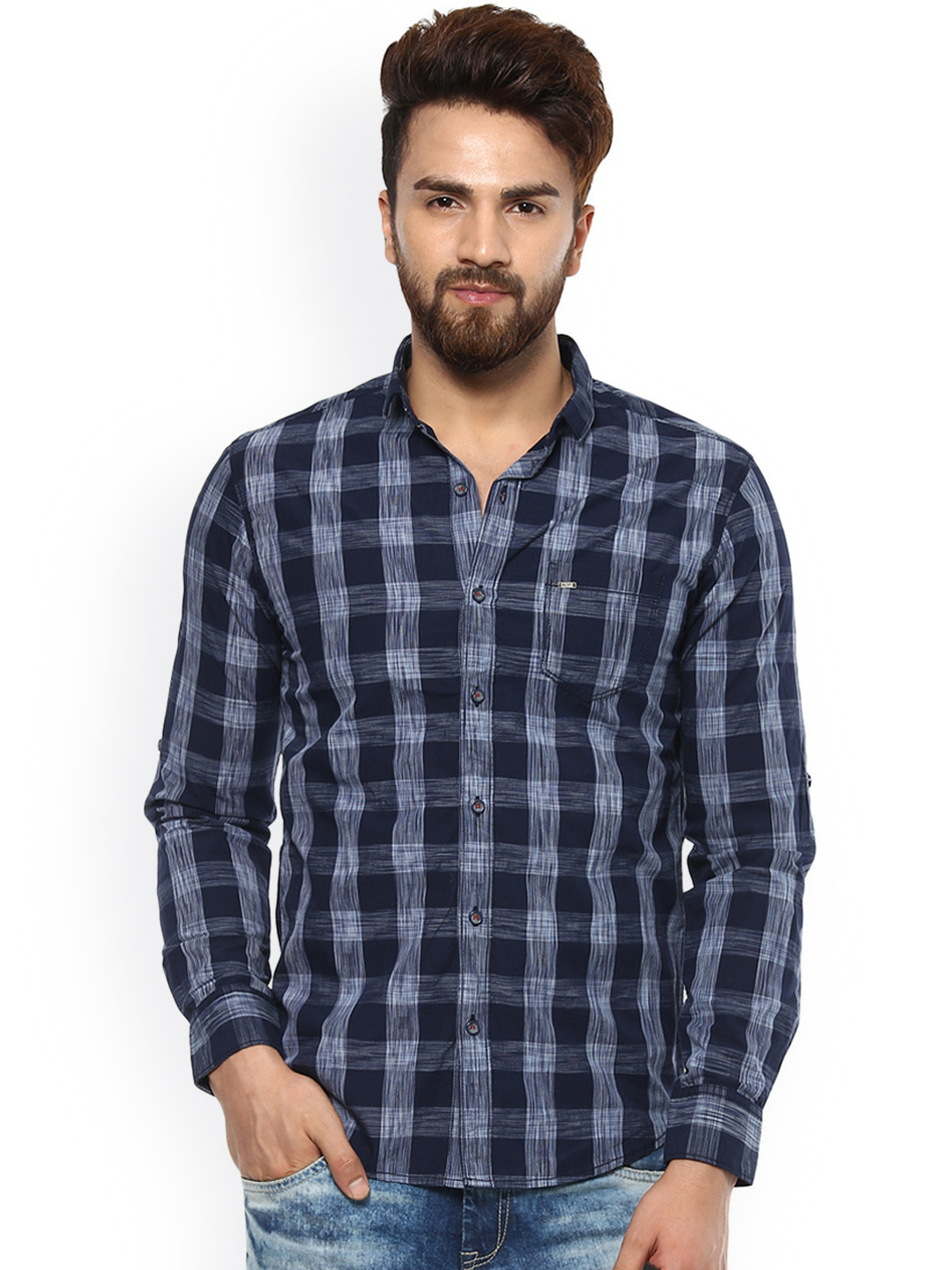 Buy Mufti Men Navy Blue Slim Fit Checked Casual Shirt - Shirts for Men ...