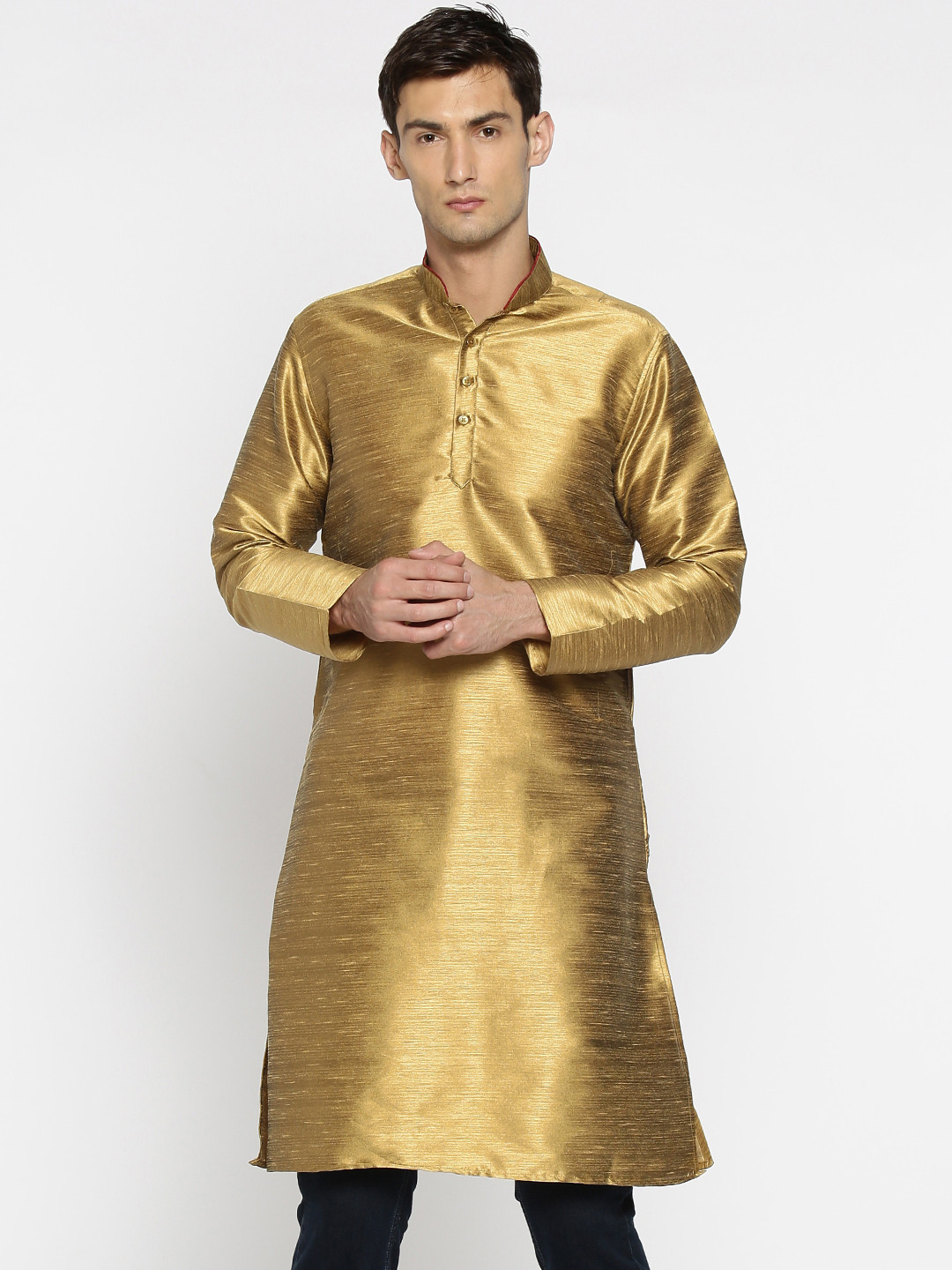 Buy British Club Men Gold Toned Solid Silk Straight Kurta - Kurtas for ...
