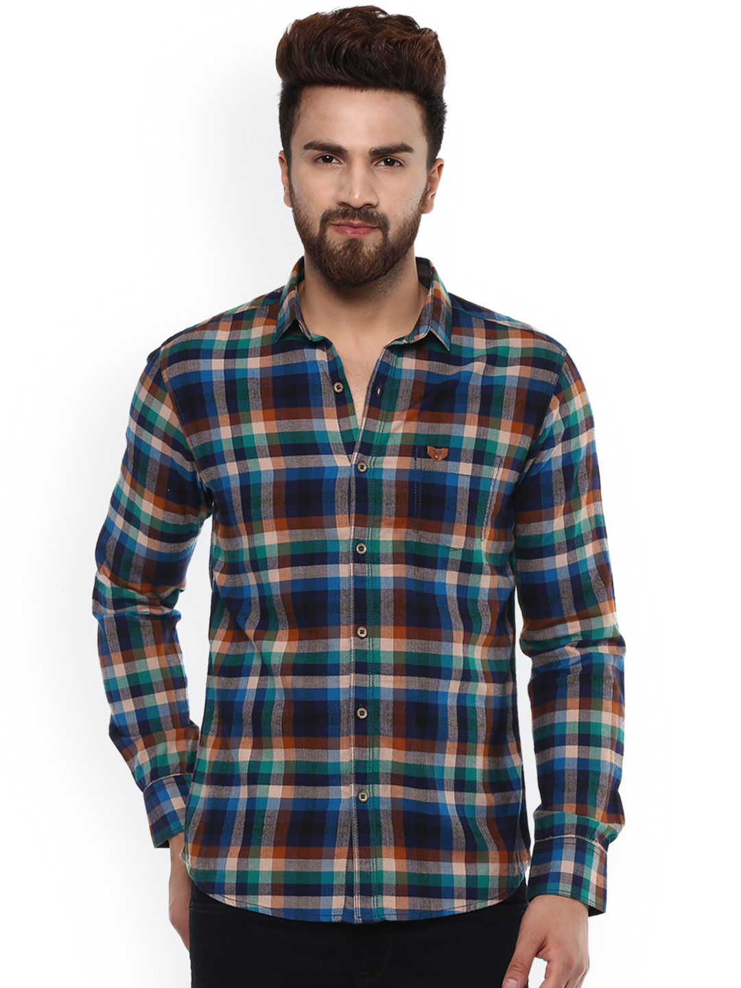 Buy Mufti Men Navy Blue & Green Slim Fit Checked Casual Shirt - Shirts ...