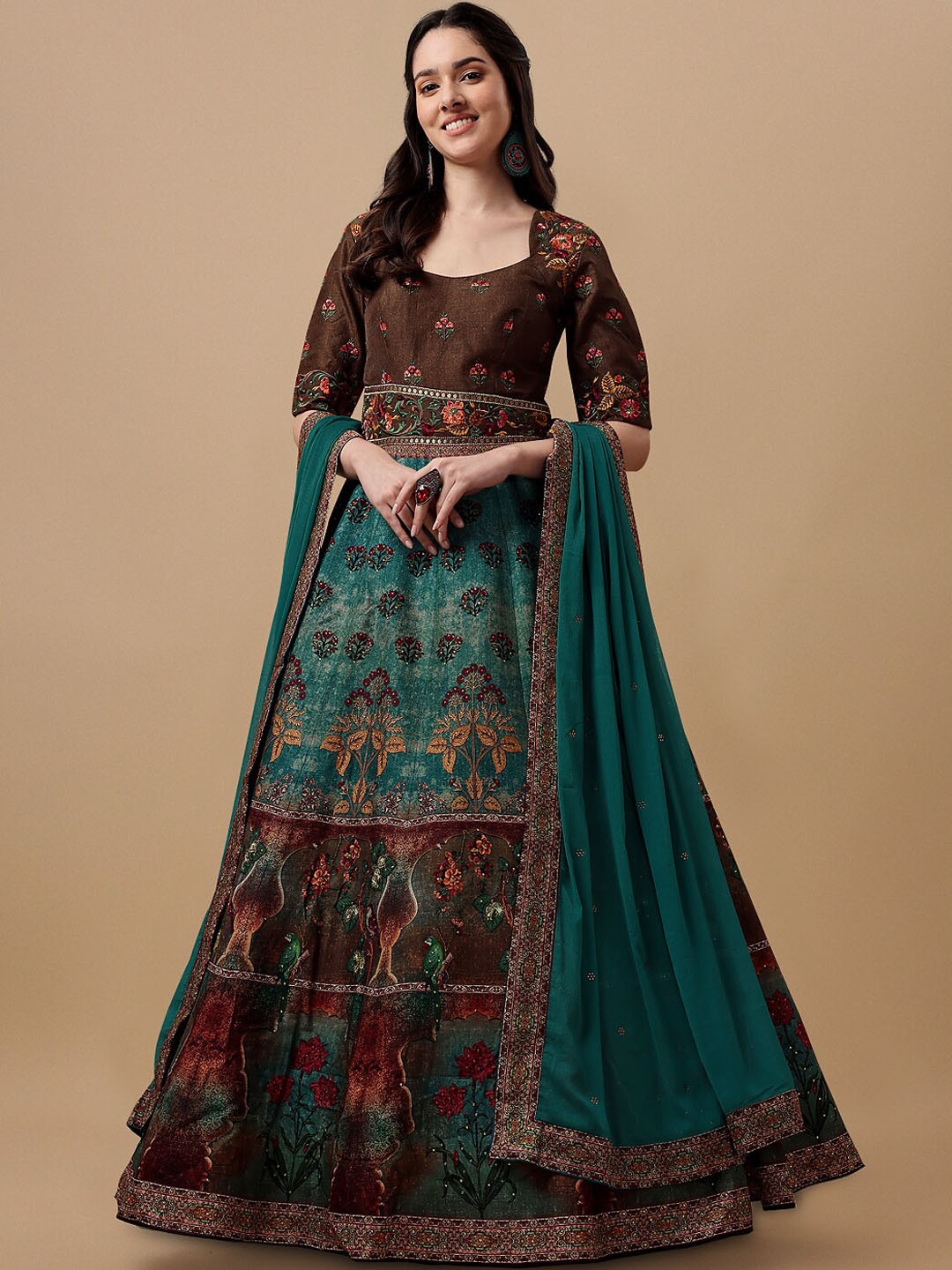 Buy SAPTRANGI Women Printed Silk Ethnic Gown With Dupatta - Ethnic ...