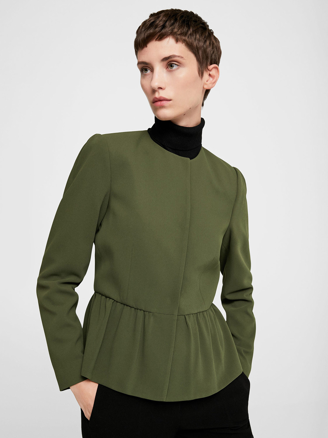 Buy MANGO Women Olive Green Solid Collarless Peplum Jacket - Jackets ...