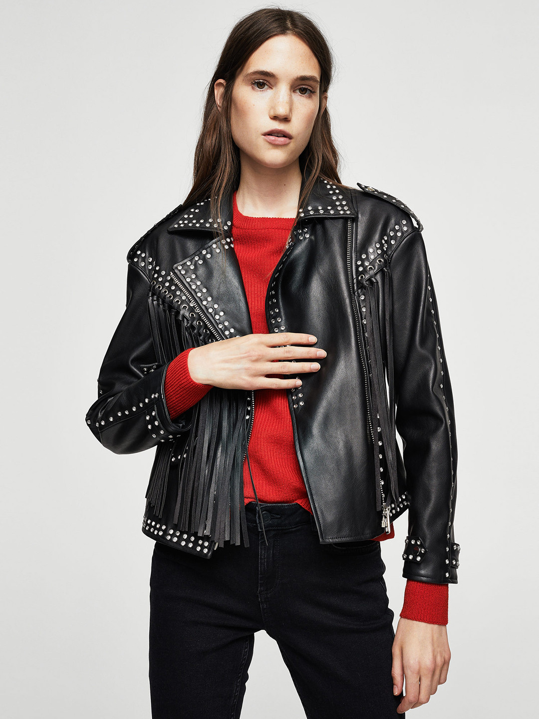 Buy MANGO Women Black Embellished Biker Jacket - Jackets for Women ...