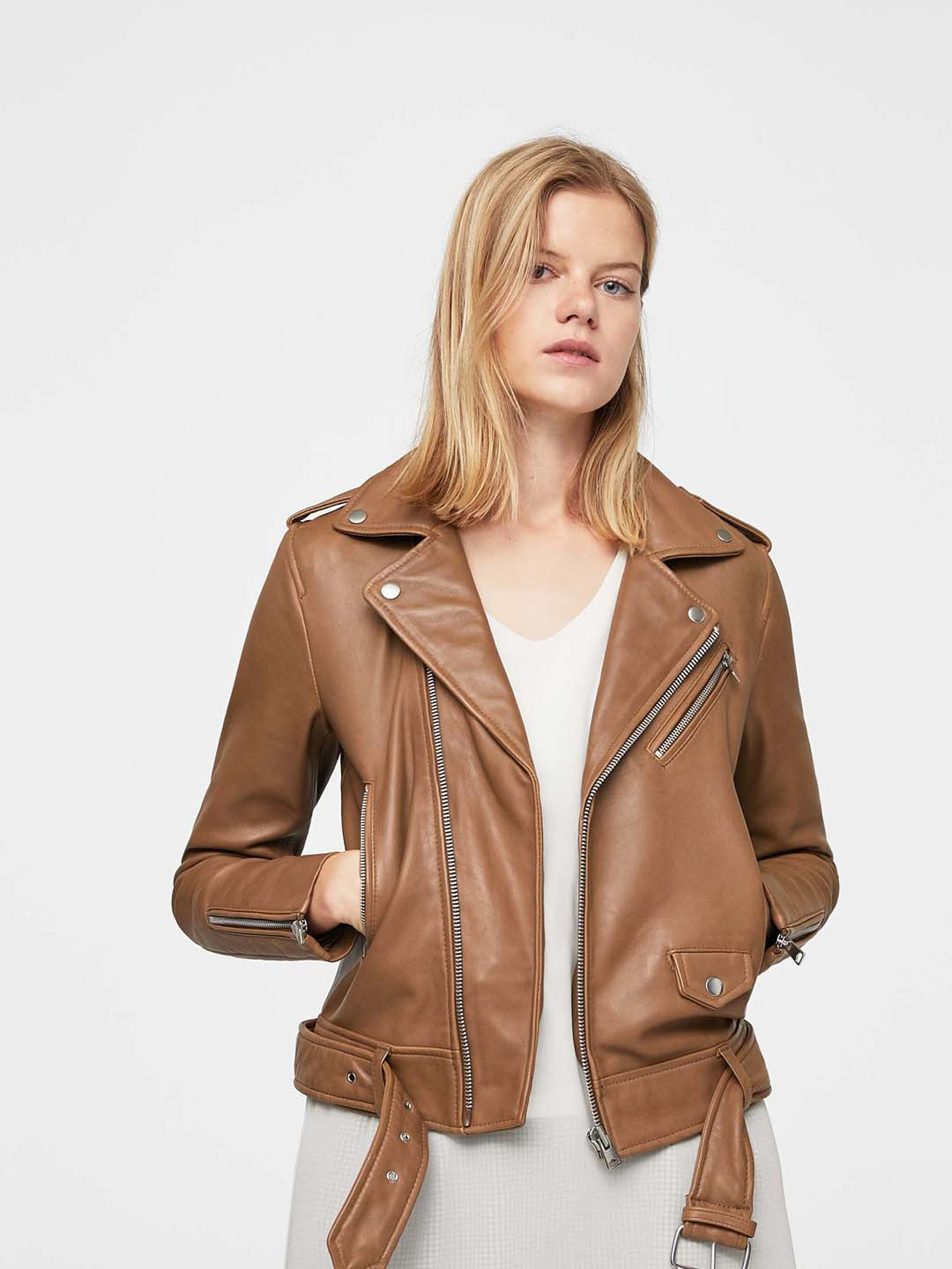 Buy MANGO Women Brown Solid Asymmetric Closure Biker Jacket - Jackets ...