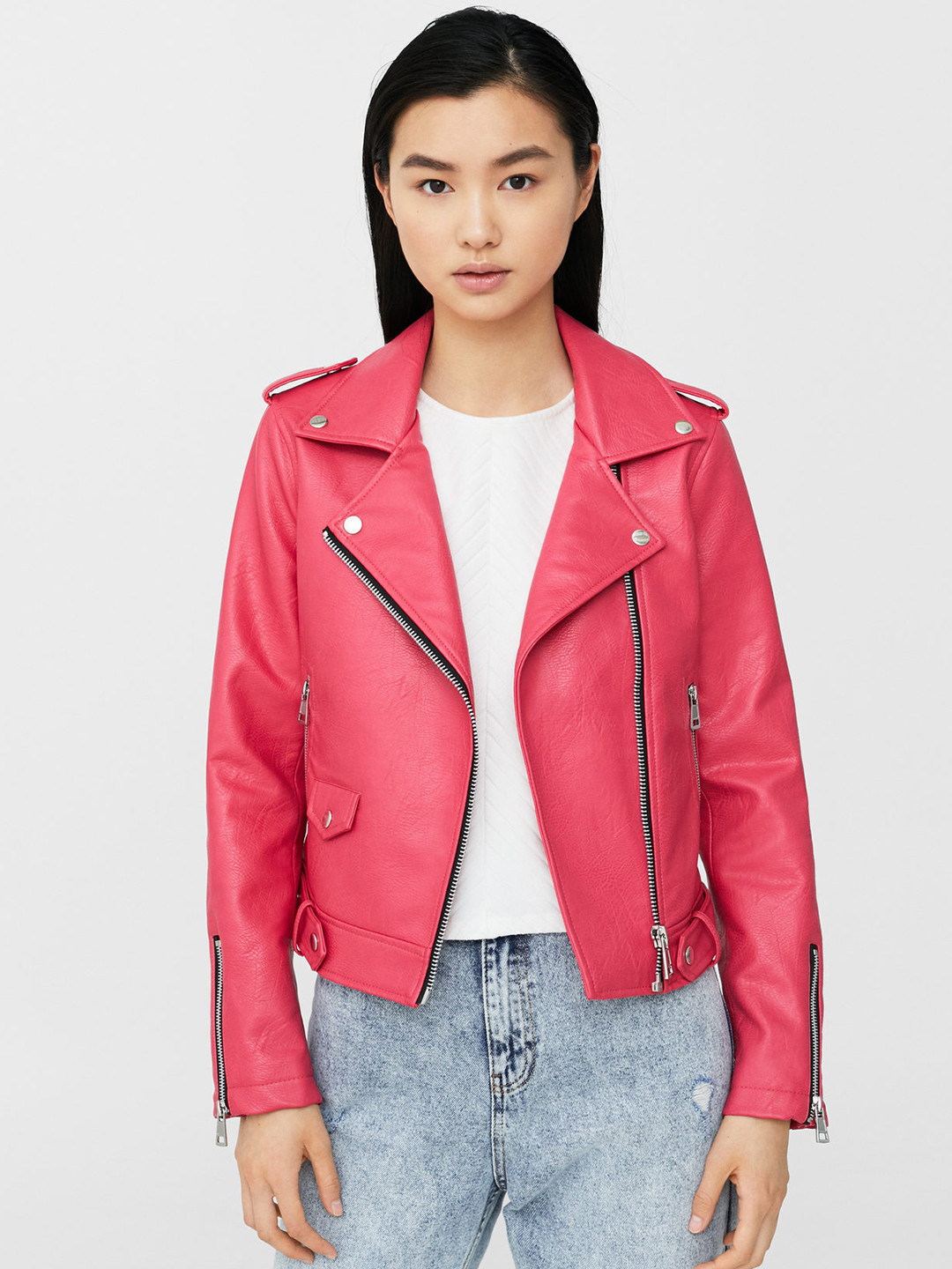Buy MANGO Women Pink Solid Biker Jacket - Jackets for Women 2142432 ...