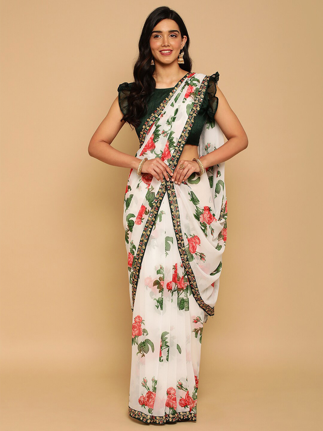 Buy Satrani Floral Printed Embroidered Border Saree - Sarees for Women ...