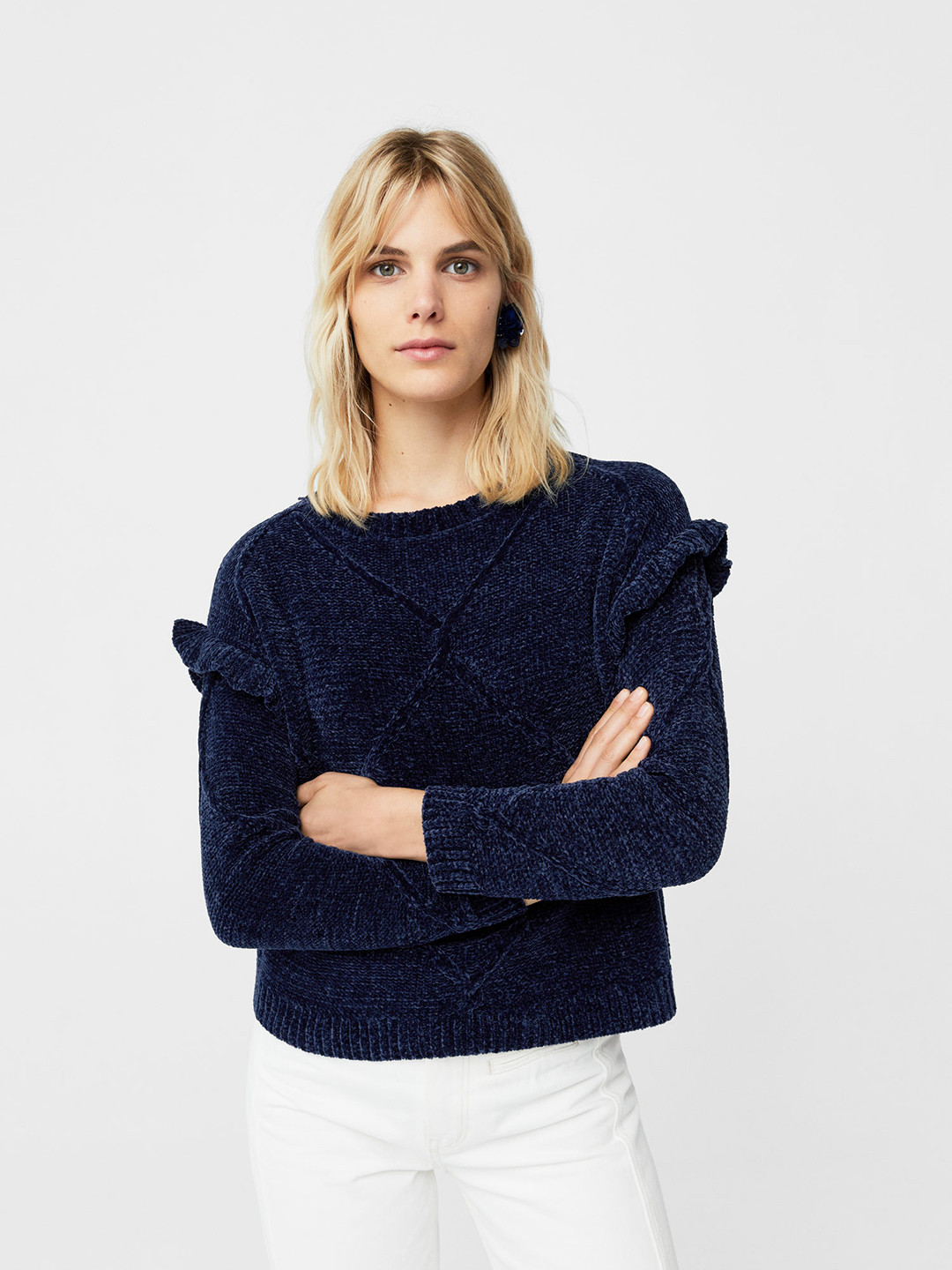 Buy MANGO Women Navy Blue Self Design Pullover - Sweaters for Women ...