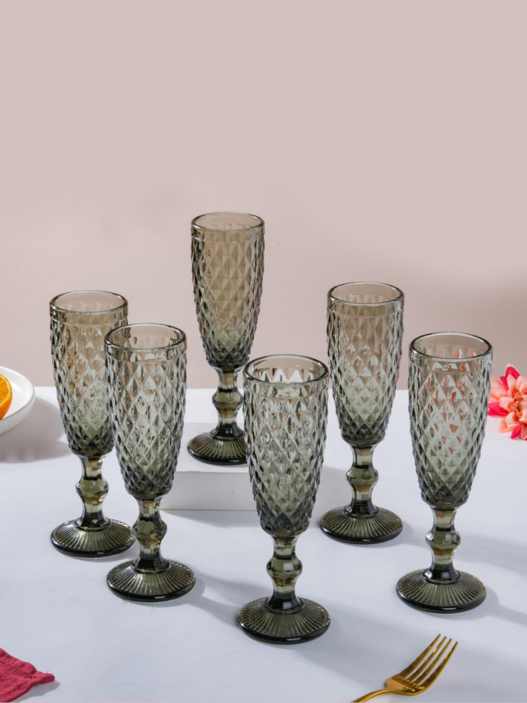 Buy Nestasia Set Of 6 Ash Grey Textured Glasses 150 Ml Each - Bar Glass ...