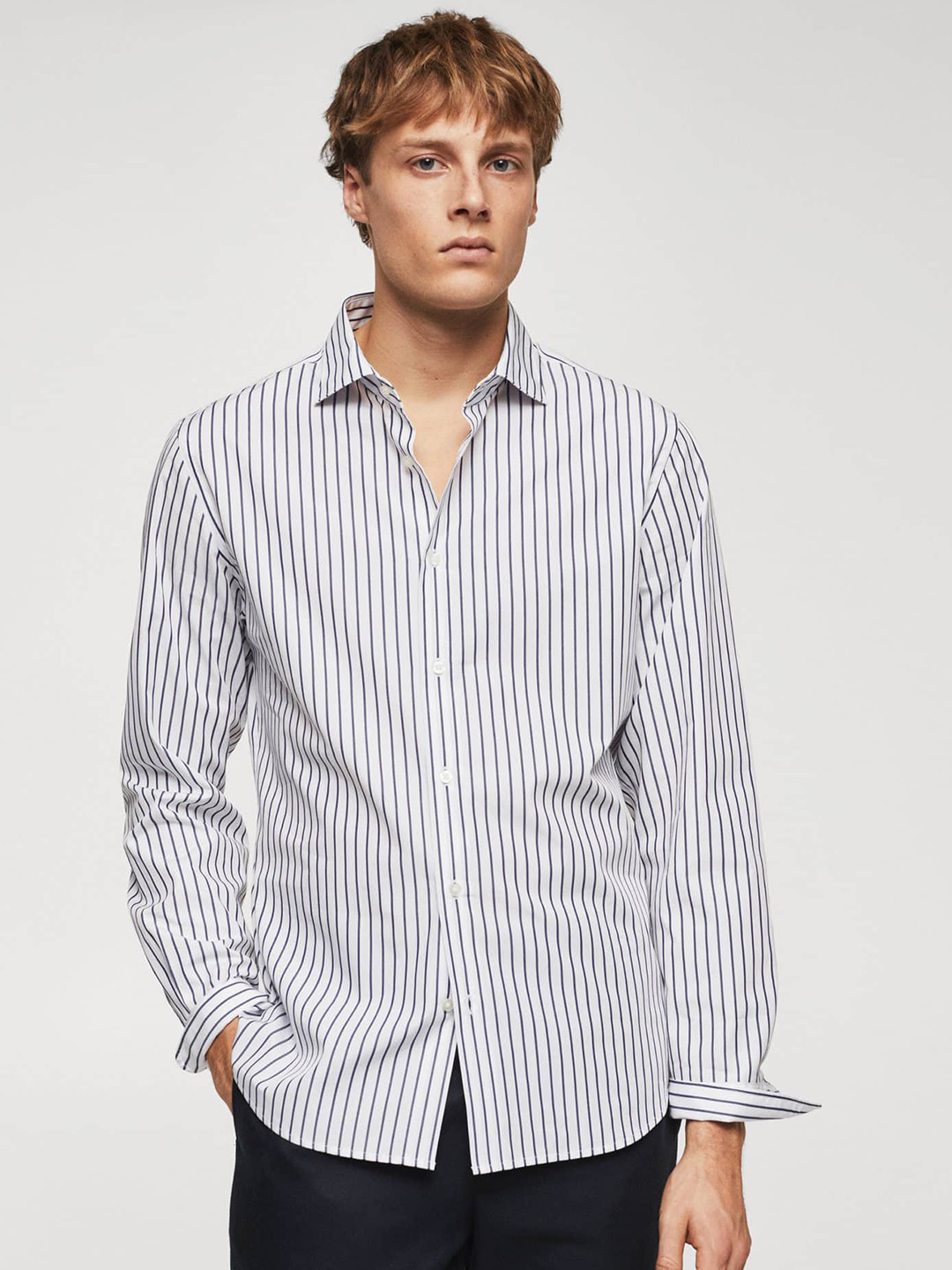 Buy MANGO MAN Sustainable Cotton Slim Fit Striped Smart Casual Shirt ...