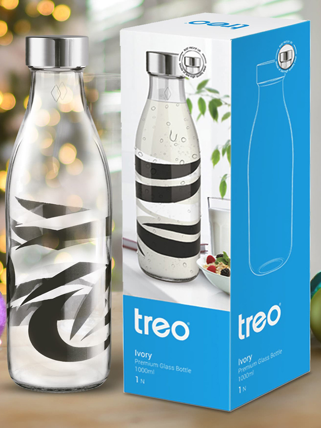 Buy Treo Ivory Premium Glass 4 Pieces Abstract Black Printed Bottle 1 L ...