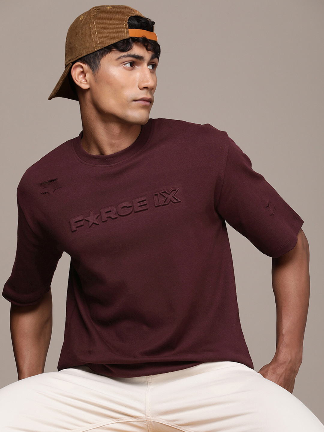 Buy FORCE IX Men Pure Cotton Embossed Brand Logo Drop Shoulder Sleeves ...