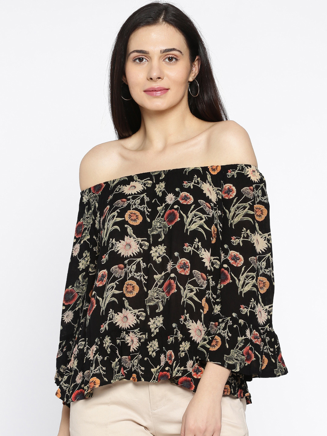 Buy Ginger By Lifestyle Women Black Floral Print Bardot Top - Tops for ...
