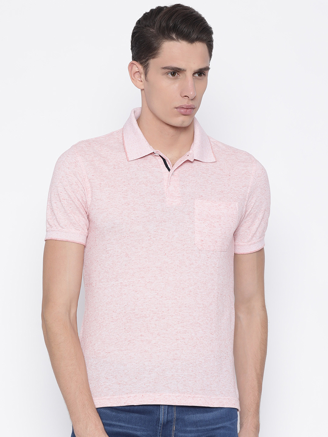 Buy Peter England Men Peach Coloured Solid Polo Collar T Shirt ...