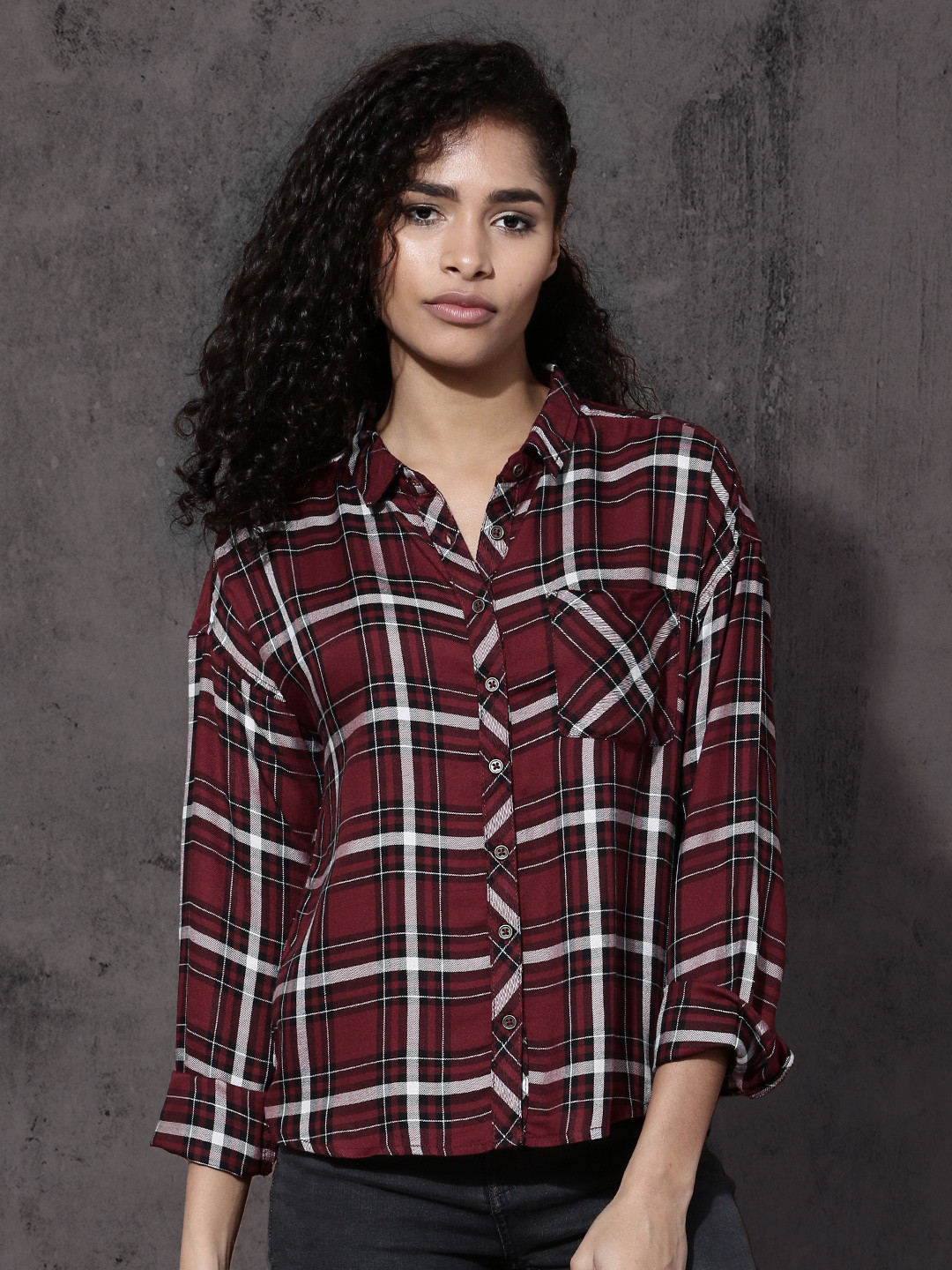 Buy Roadster Women Maroon & Off White Relaxed Regular Fit Checked ...