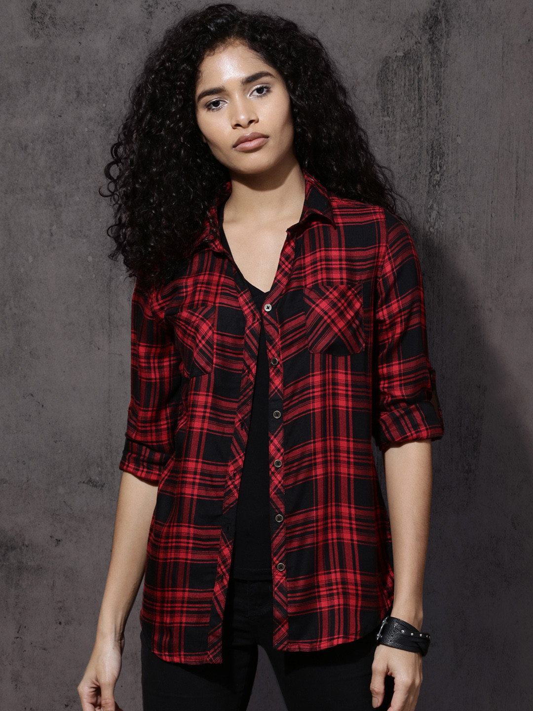 Buy Roadster Women Red & Black Slim Fit Checked Casual Shirt - Shirts ...