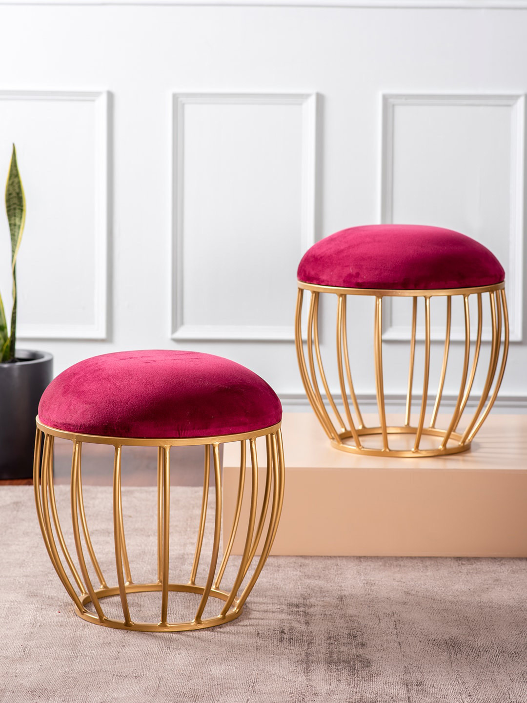 Buy Nestroots Set Of 2 Maroon Velvet Cage Metallic Stool - Stool for ...