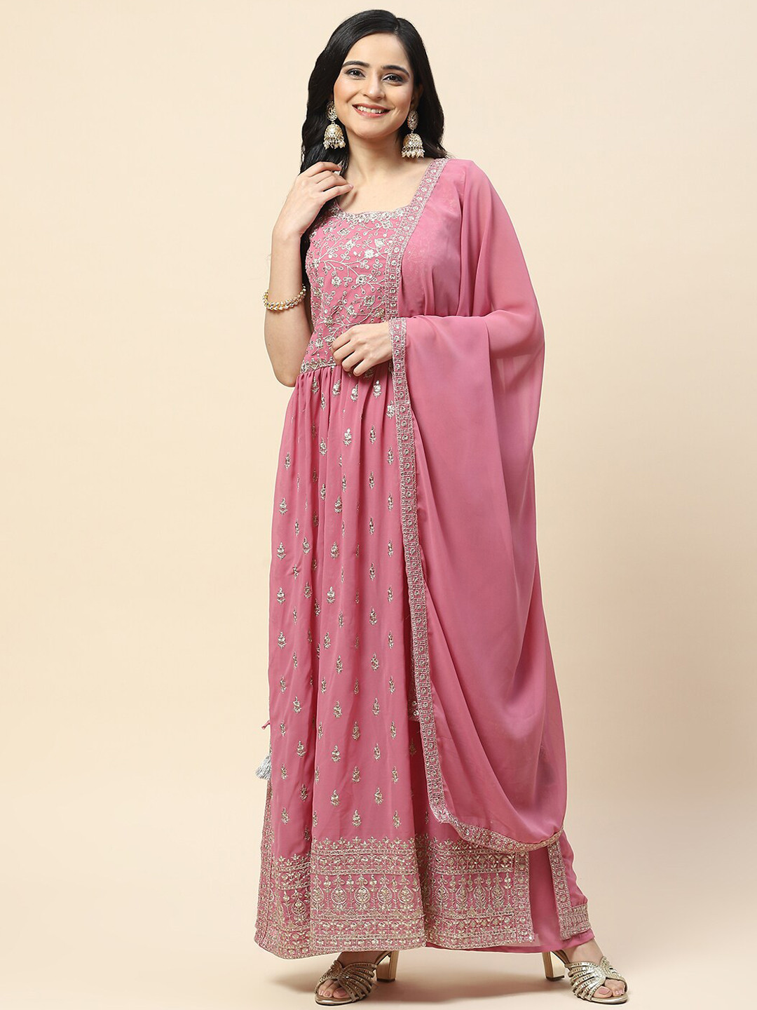 Buy Meena Bazaar Women Embroidered Round Neck High Slit Kurta With ...