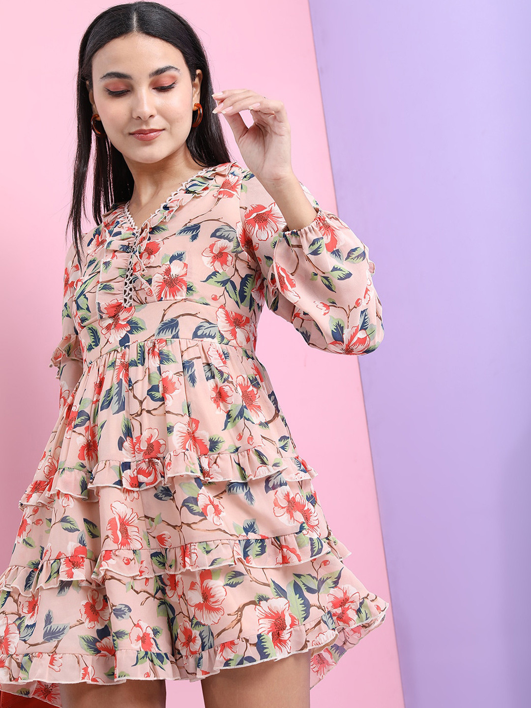 Buy Tokyo Talkies Floral Printed Tie Up Neck Layered Dress - Dresses ...