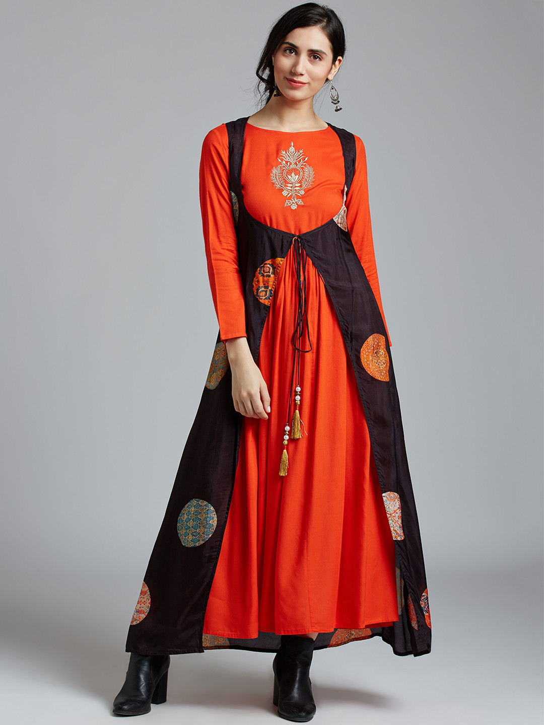 Buy Jaipur Kurti Women Orange & Black Printed A Line Dress - Dresses ...