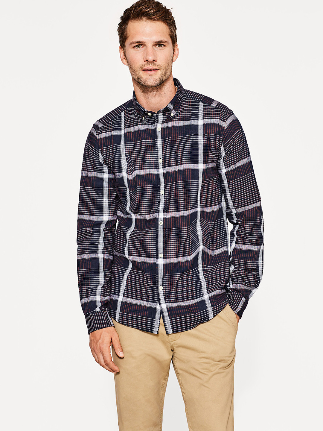 Buy ESPRIT Men Navy & White Checked Casual Shirt - Shirts for Men ...