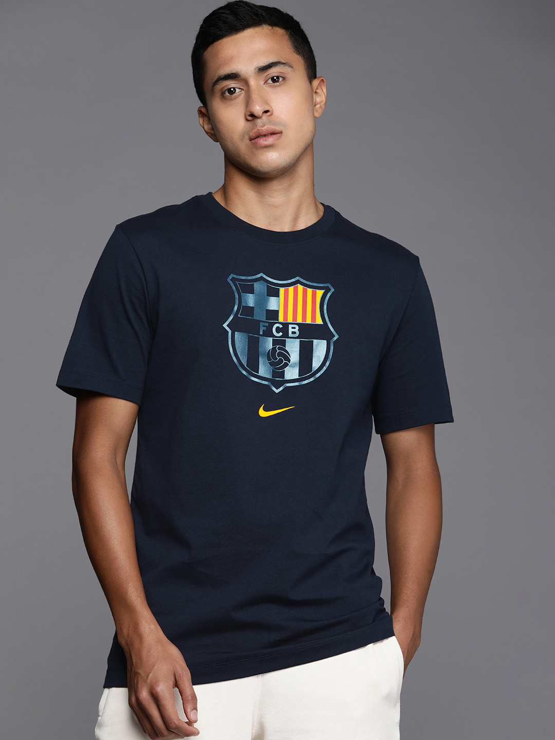 Buy Nike Men Blue Brand Logo FC Barcelona Printed Pure Cotton FCB CREST ...