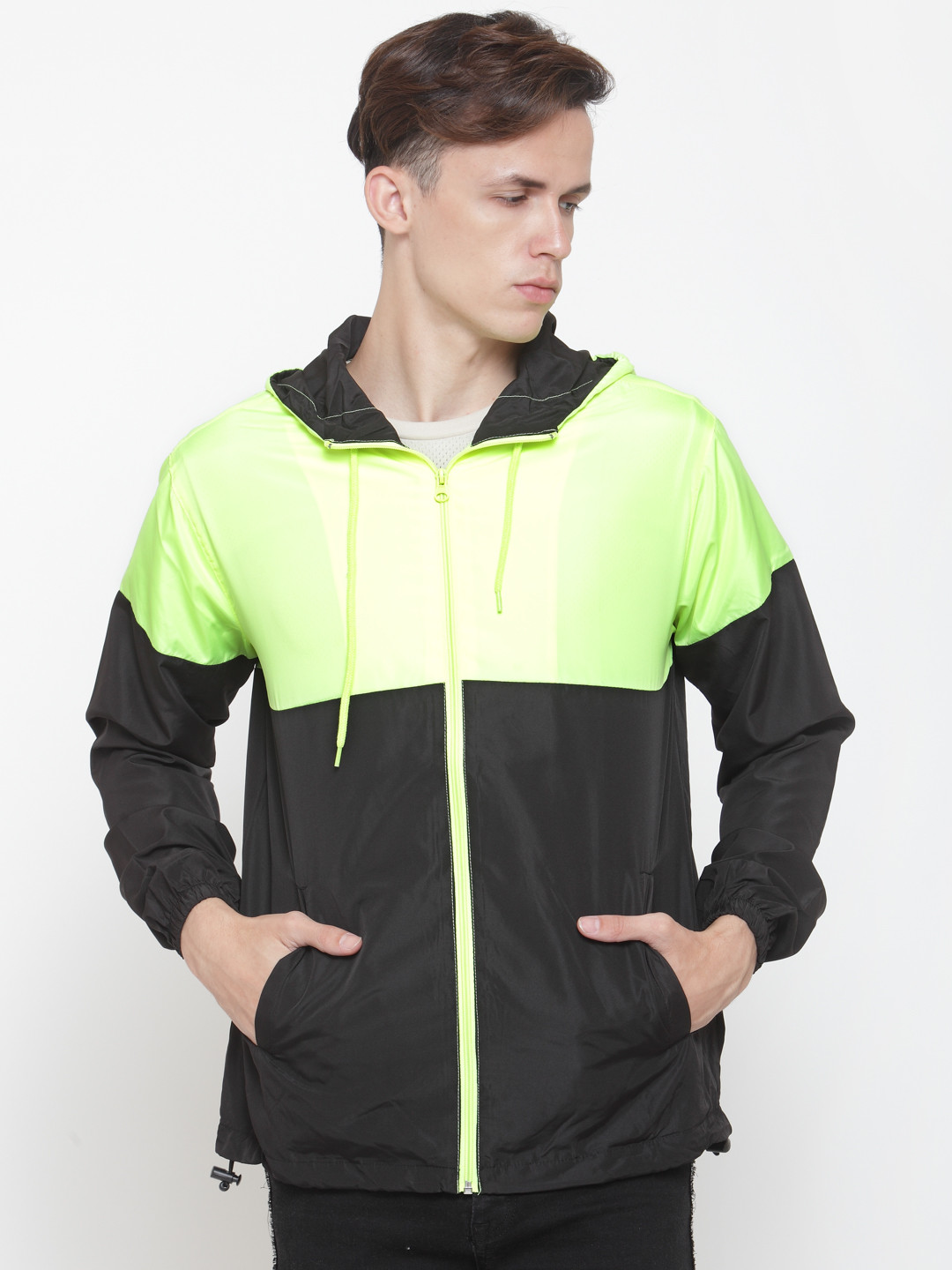 Buy FOREVER 21 Men Fluorescent Green & Black Colourblocked Hooded ...