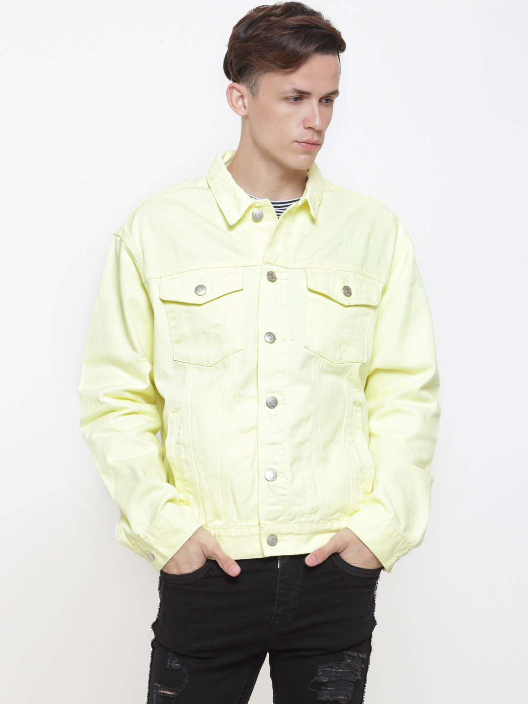 Buy FOREVER 21 Men Yellow Solid Low Distressed Denim Jacket - Jackets ...