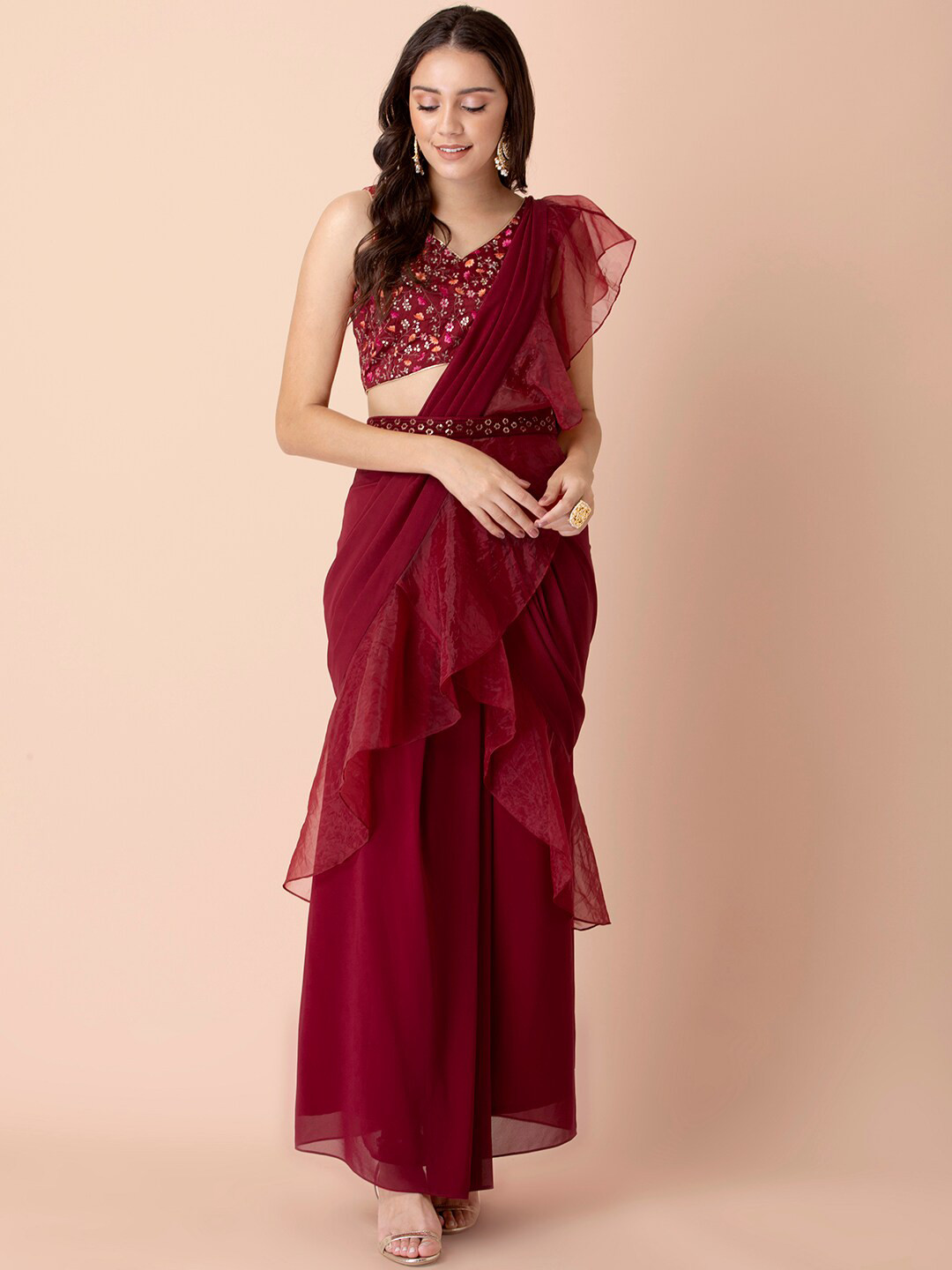 Buy INDYA Printed Floral Zardozi Ruffled Saree - Sarees for Women ...