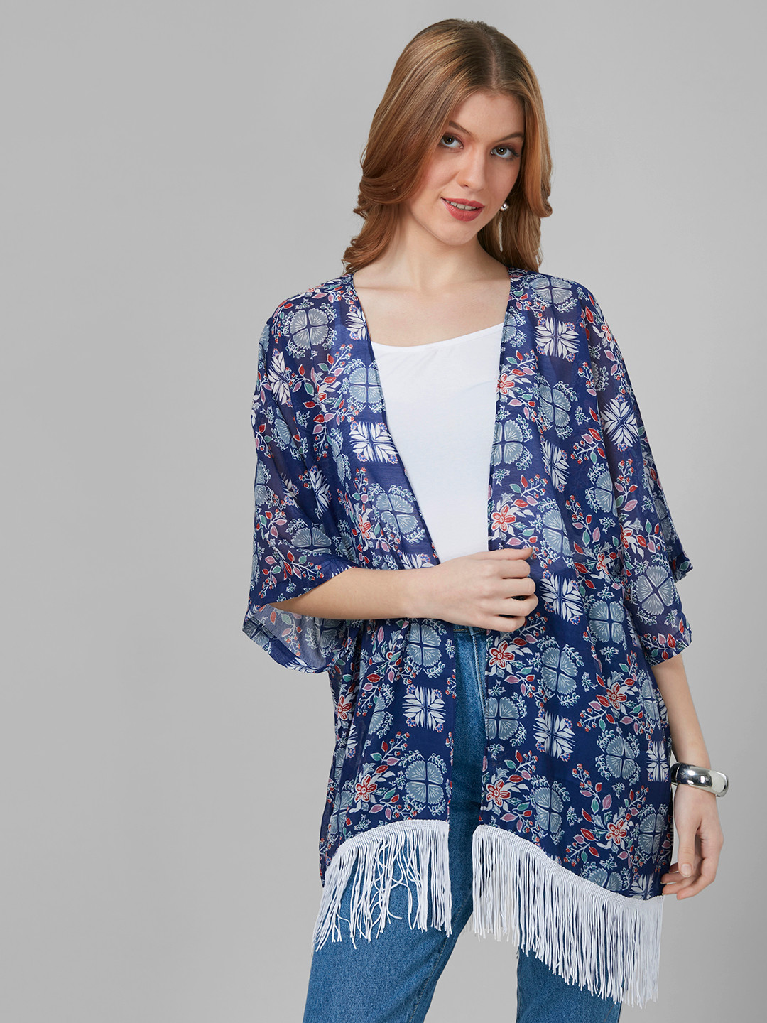 Buy Style Quotient Women Printed Tasselled Longline Shrug - Shrug for ...