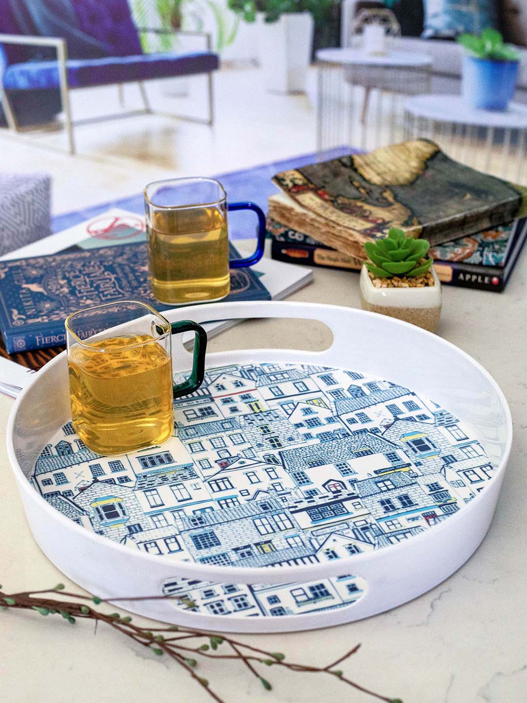 Buy GOODHOMES White And Blue Printed Melamine Round Serving Tray ...