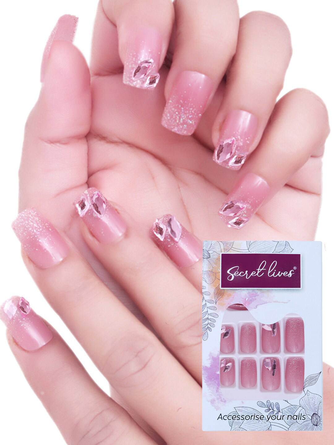 Buy Secret Lives 24 Pieces Soft Square 3D Crystals & Glitter Fake Nail ...