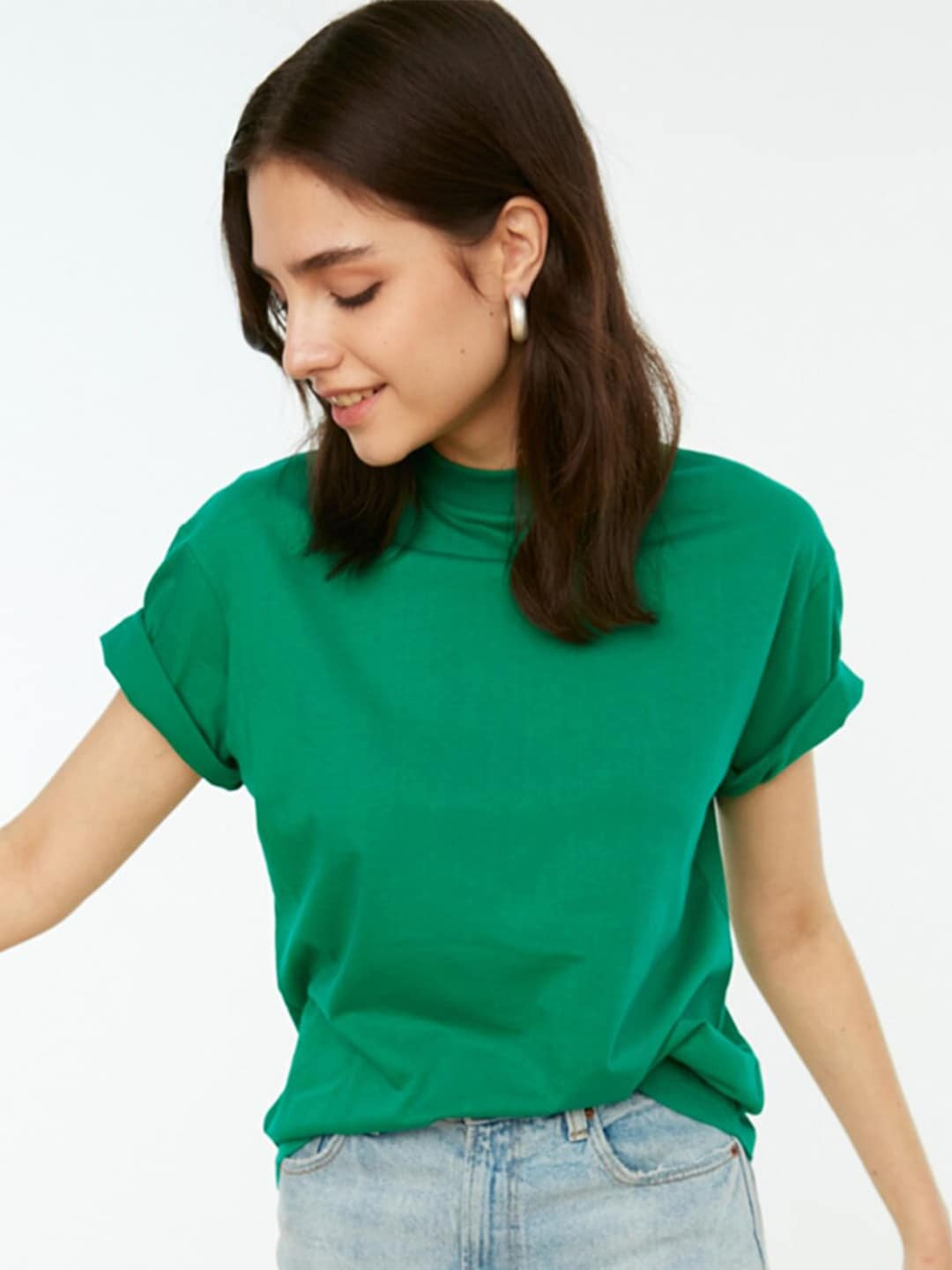 Buy Trendyol Women High Neck Drop Shoulder Sleeves Cotton T Shirt - Tshirts for Women 21510058 ...