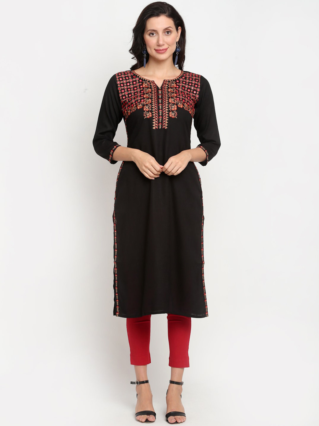 Buy Lovely Lady Women Geometric Embroidered Thread Work Notch Neck Kurta - Kurtas for Women ...