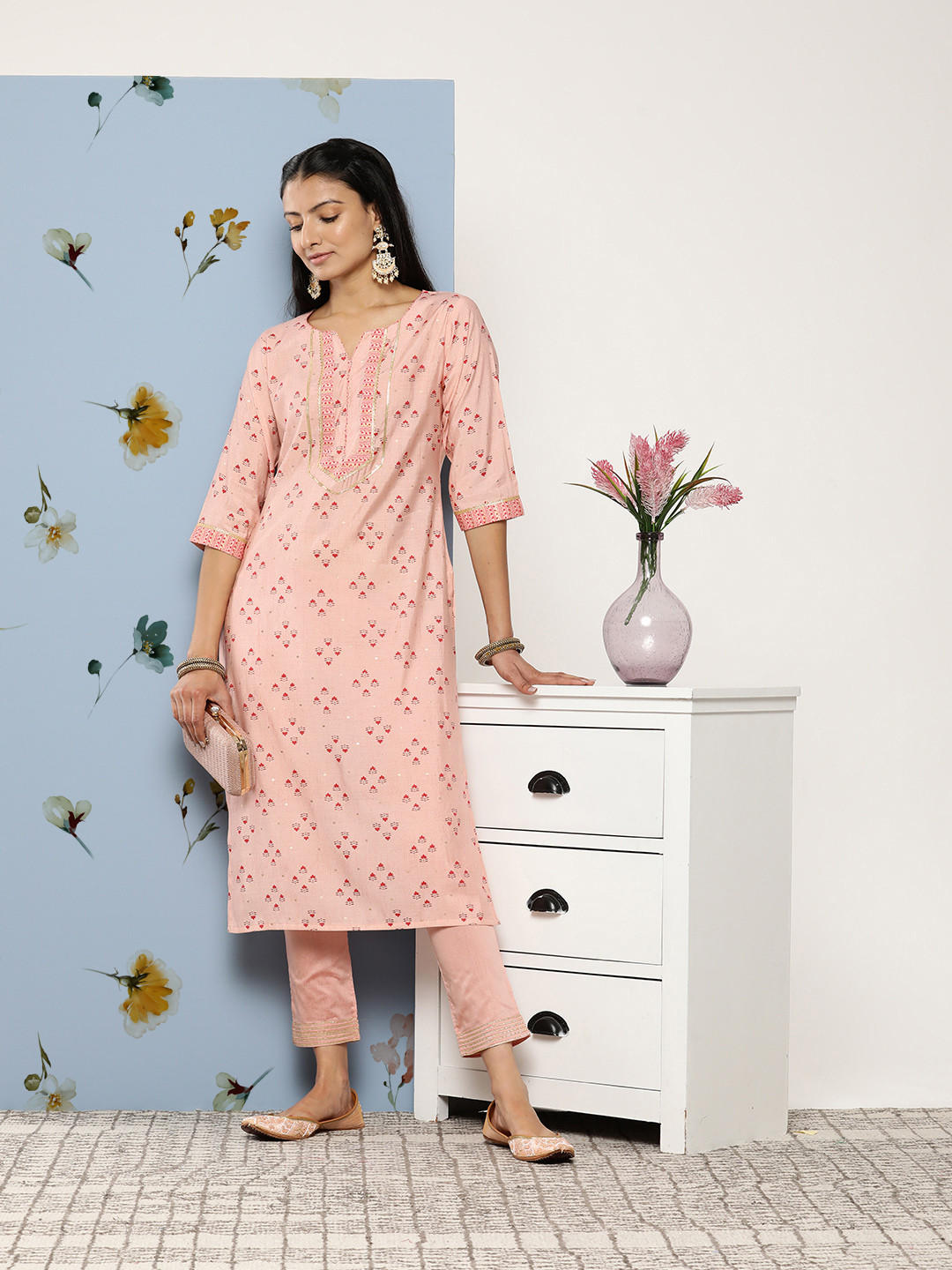Buy Libas Women Peach Coloured Floral Printed Gotta Patti Kurta ...