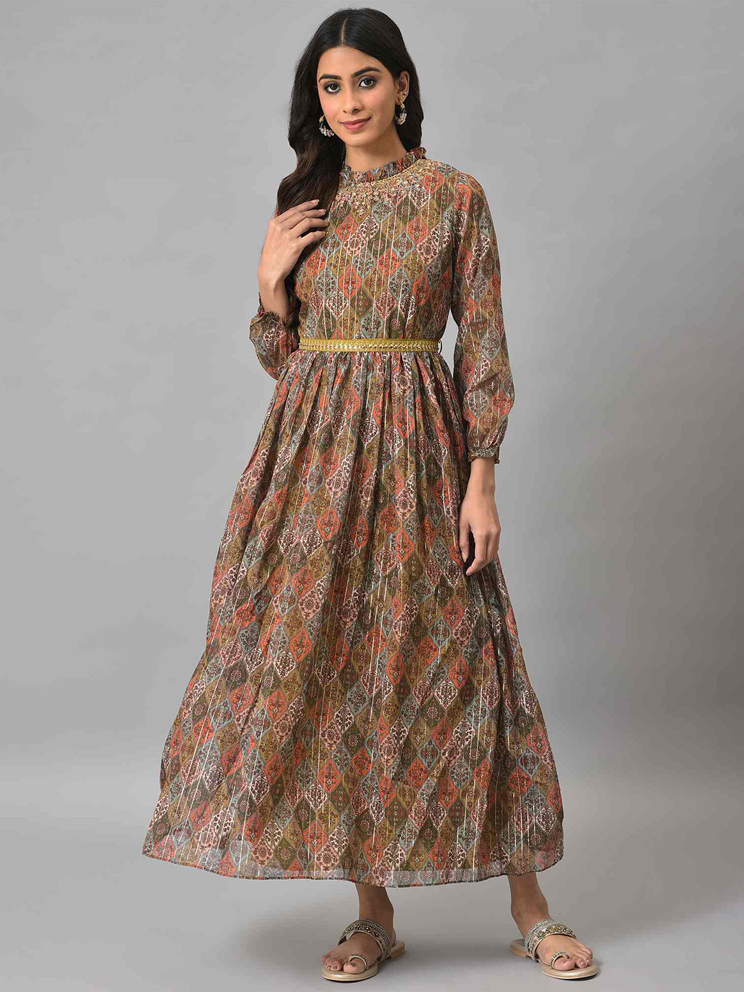 Buy Wishful Ethnic Printed Fit And Flare Maxi Ethnic Dress Ethnic