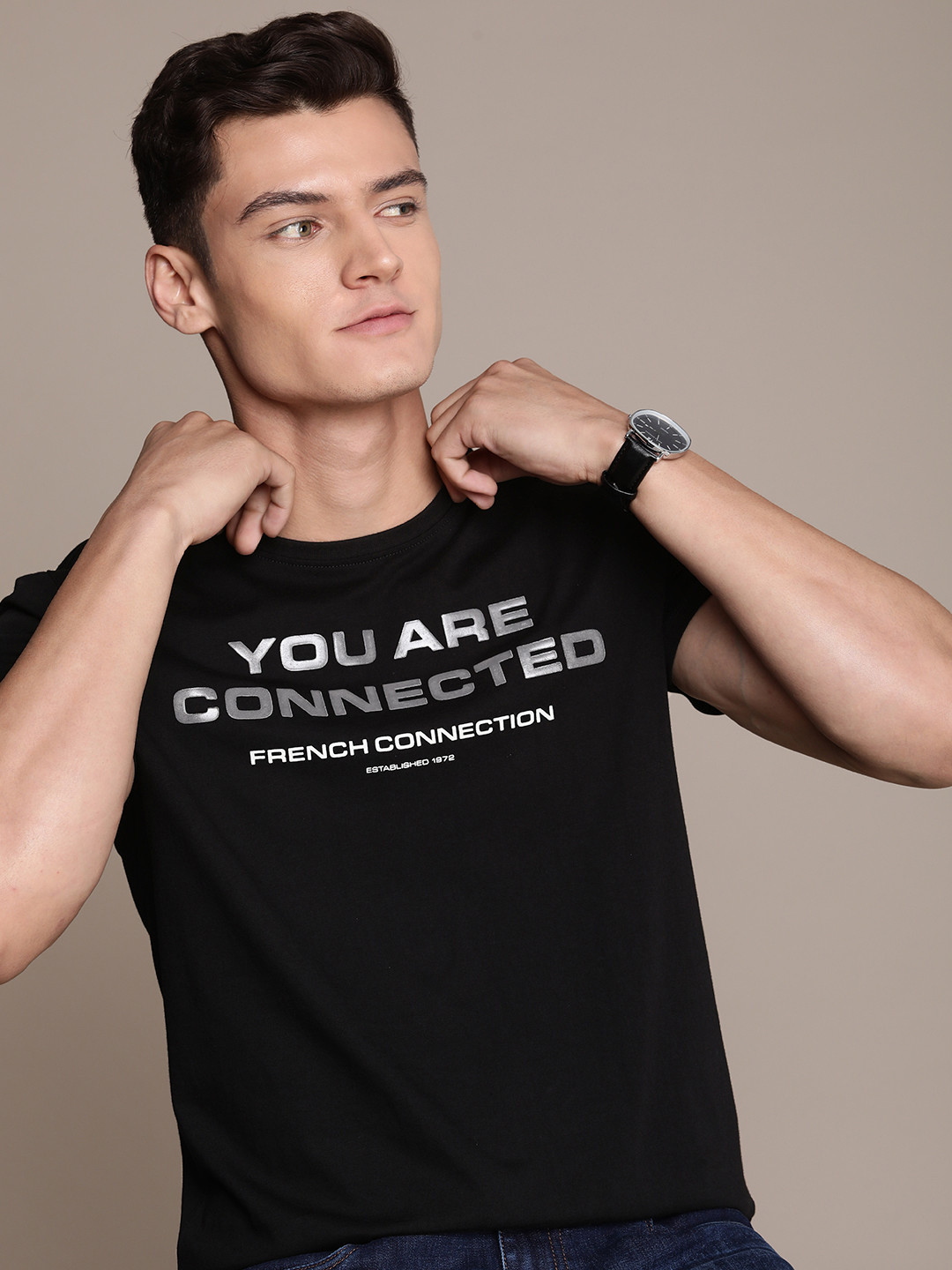 Buy French Connection Brand Logo Print Round Neck Knitted Pure Cotton T ...