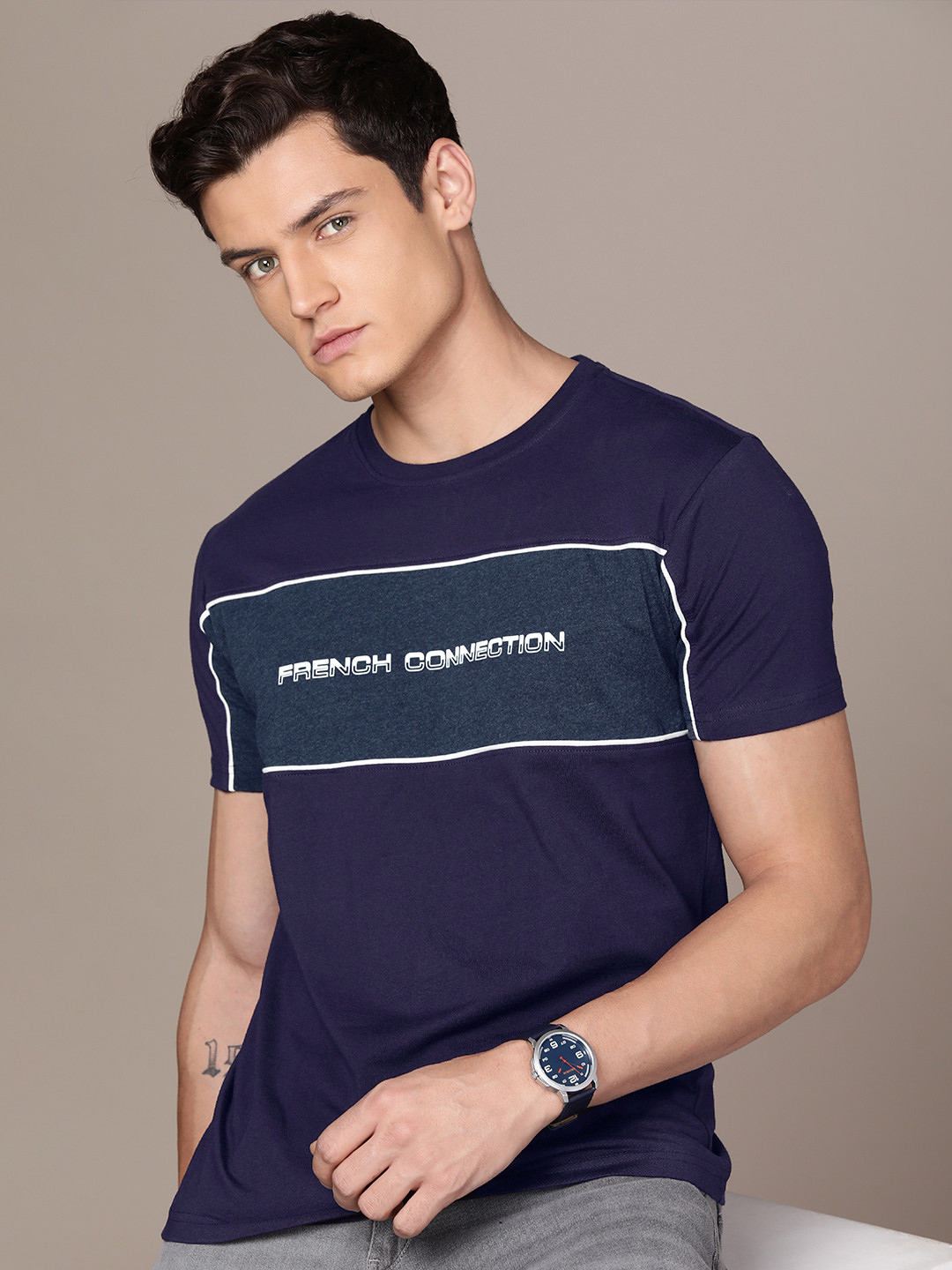 Buy French Connection Men Brand Logo Printed Pure Cotton T Shirt ...