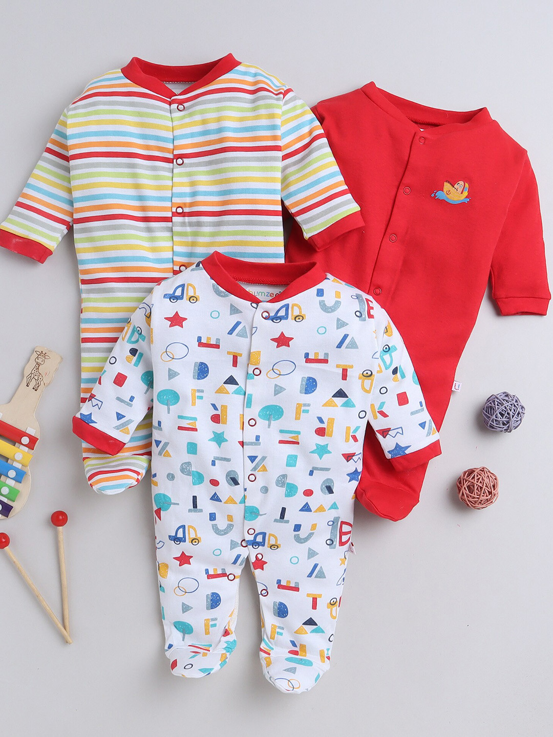 Buy BUMZEE Infant Boys Pack Of 3 Printed Cotton Sleepsuits - Sleepsuit ...
