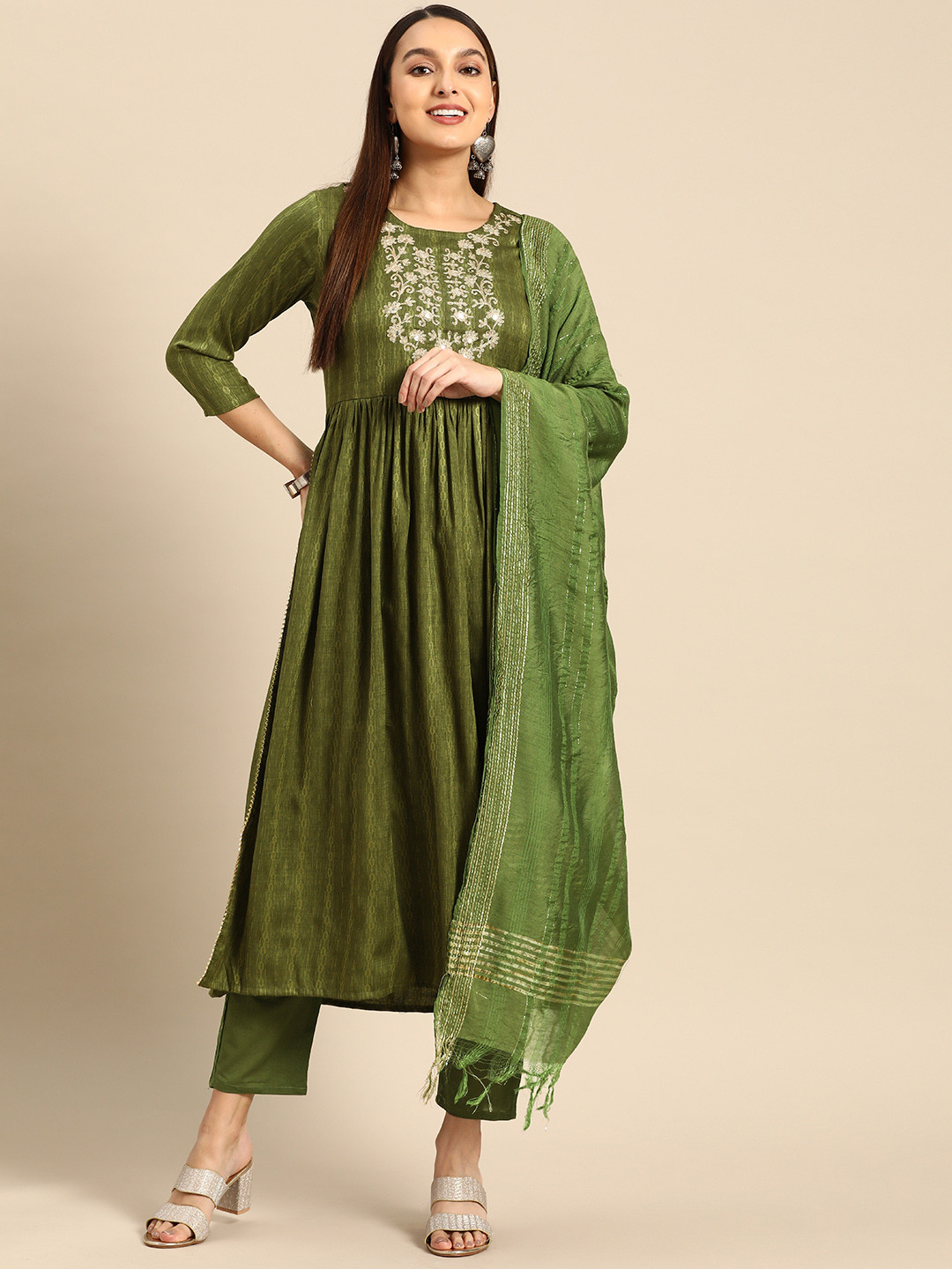 Buy Prakhya Women Ethnic Motifs Embroidered Pleated Kurta With Trousers ...