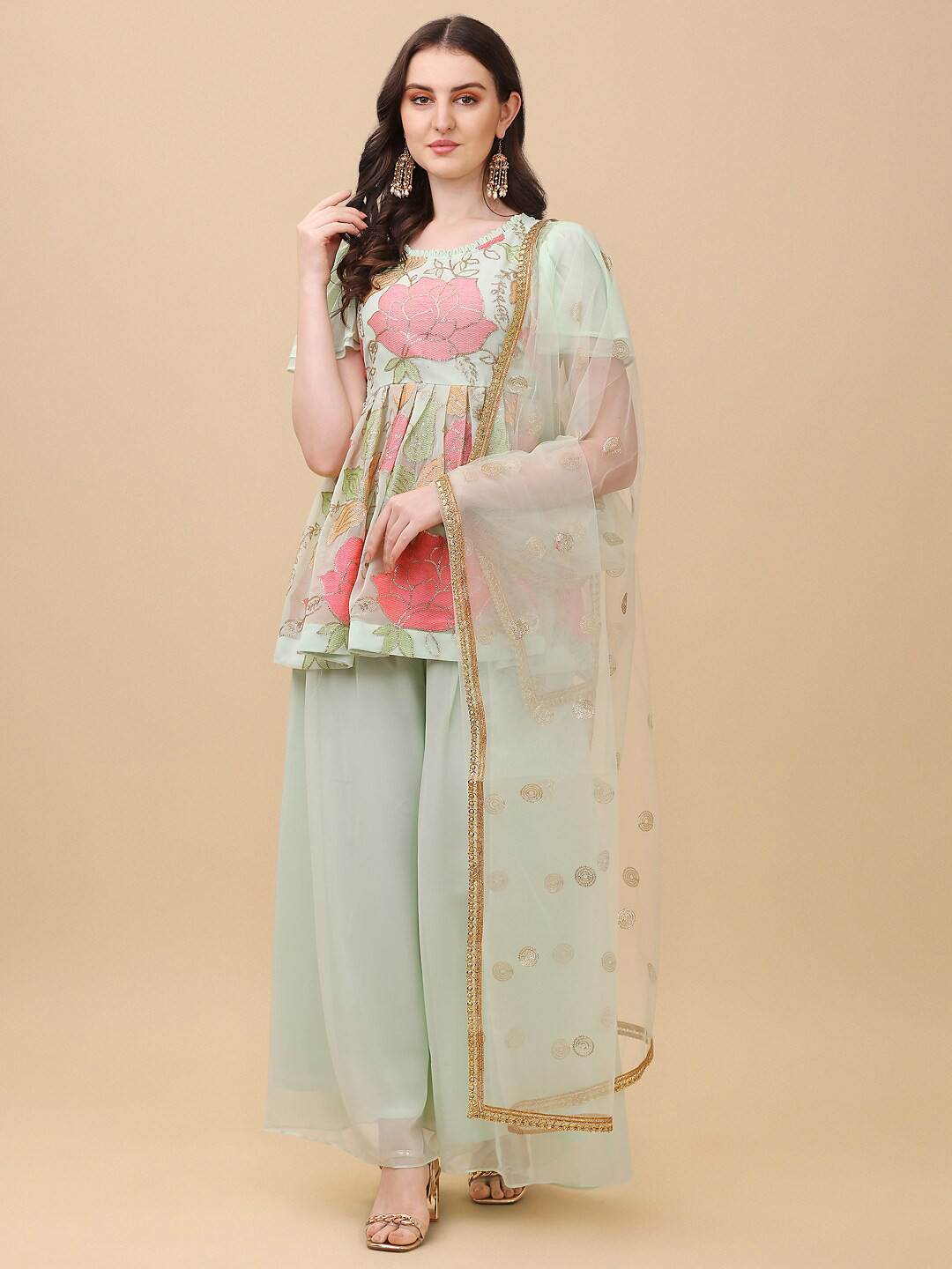 Buy Virah Fashion Floral Embroidered Kurti With Palazzos & Dupatta ...