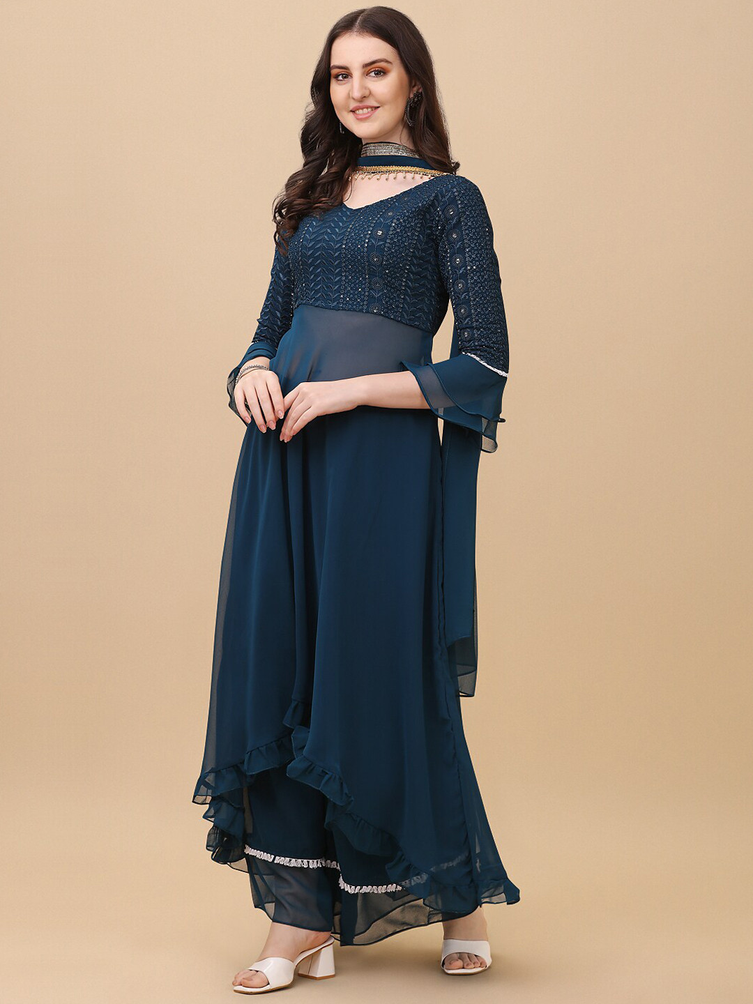 Buy Virah Fashion Floral Embroidered Kurta With Palazzos & Dupatta ...