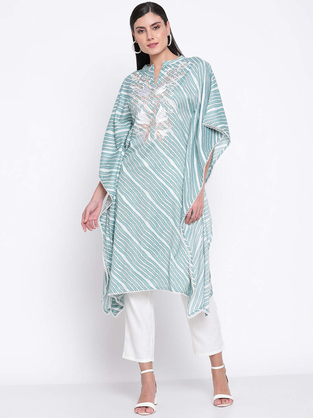 Buy Be Indi Women Mandarin Collar Striped Kaftan Side Slits Festive ...