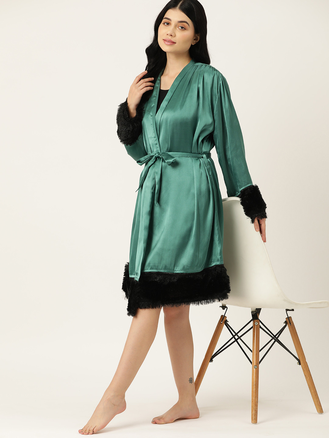 Buy ETC Women Satin Finish Faux Fur Trim Robe With Belt - Robe for ...