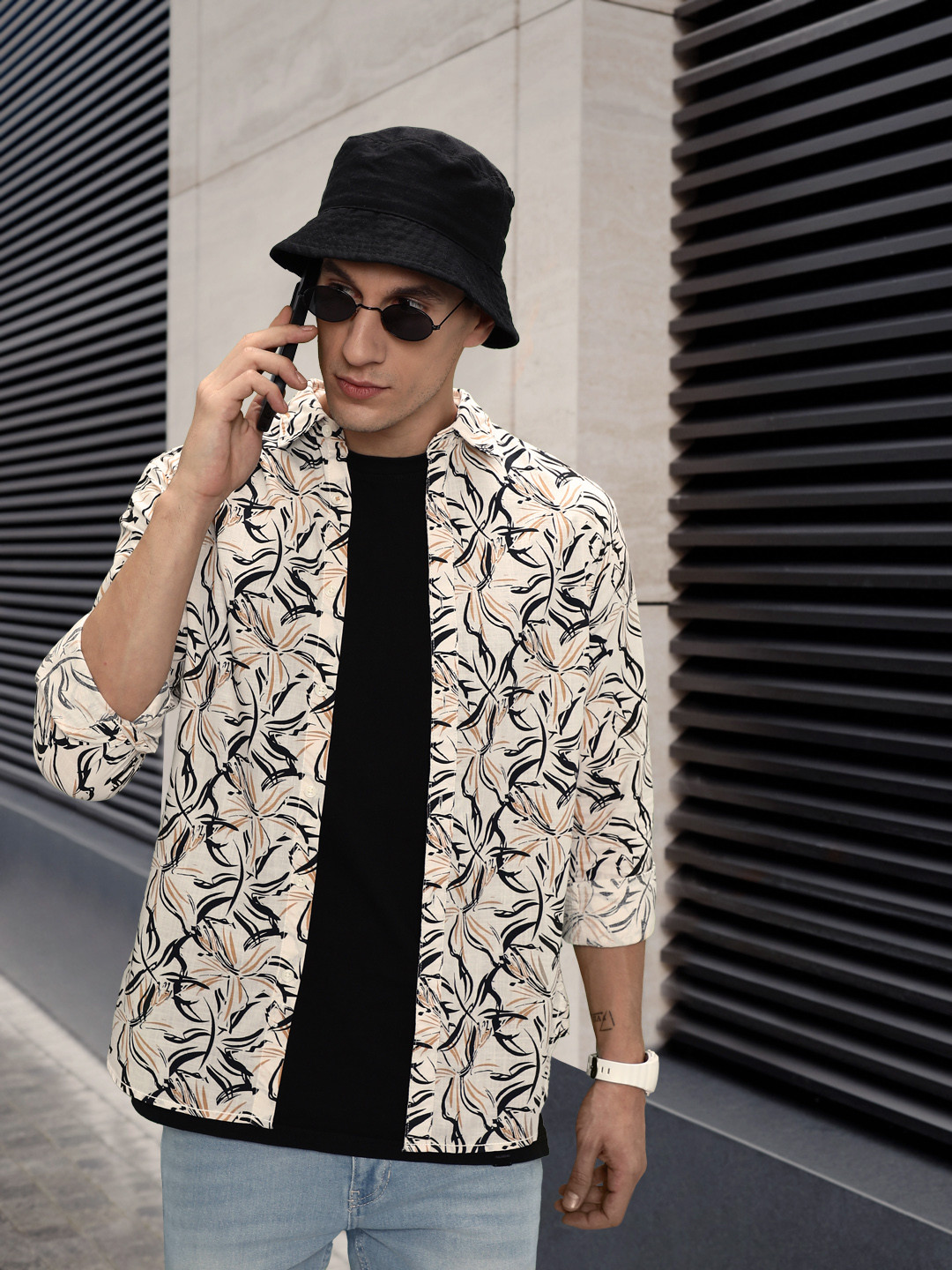 Buy Flying Machine Slub Floral Print Spread Collar Casual Shirt ...