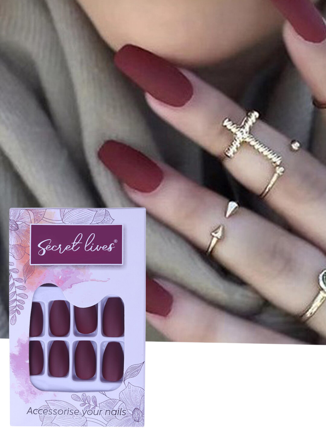 Buy Secret Lives Set Of 24 Plain Matte Fake Nail Extensions Maroon Matt ...