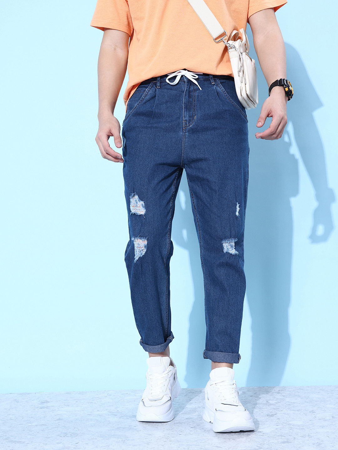 Buy Kook N Keech Men Sky Blue Vintage Straight Loose Baggy Mildly ...