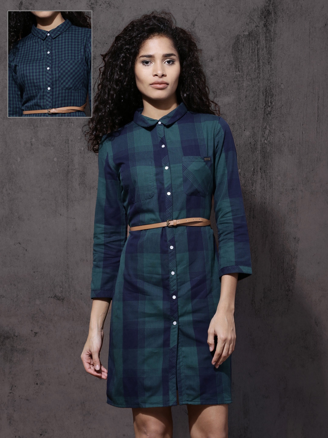 Buy Roadster Women Green And Navy Blue Checked Reversible Shirt Dress