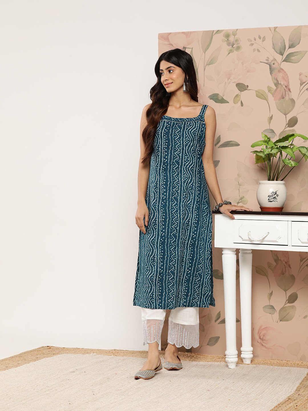 Buy Varanga Women Bandhani Printed Gotta Patti Indigo Kurta - Kurtas ...
